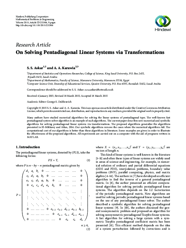 (PDF) On Solving Pentadiagonal Linear Systems via Transformations