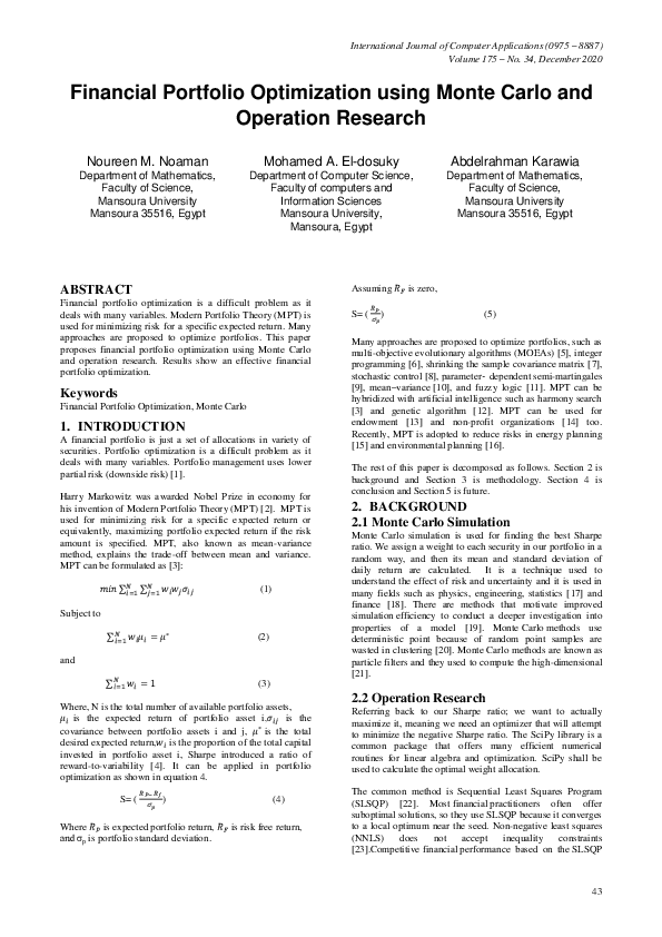 (PDF) Financial Portfolio Optimization using Monte Carlo and Operation Research