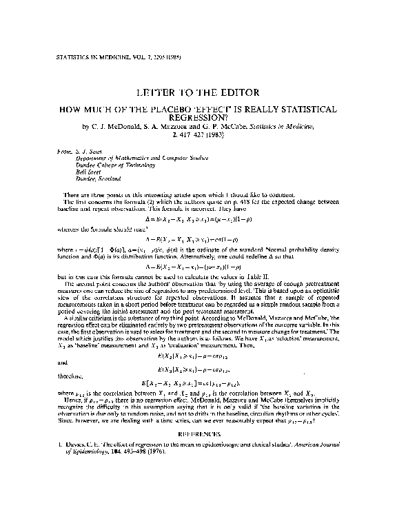 (PDF) How much of the placebo ‘effect’ is really statistical regression?
