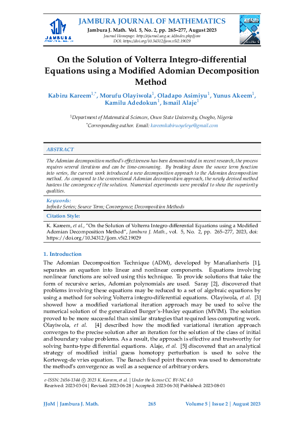 Pdf On The Solution Of Volterra Integro Differential Equations Using A Modified Adomian