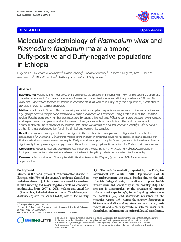 (PDF) Molecular epidemiology of Plasmodium vivax and Plasmodium falciparum malaria among Duffy ...