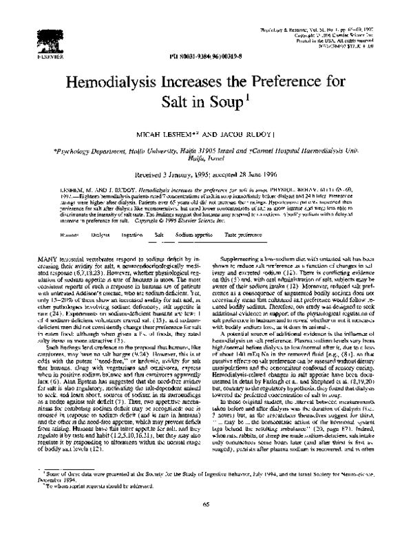 (PDF) Hemodialysis increases the preference for salt in soup