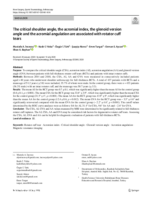(PDF) The critical shoulder angle, the acromial index, the glenoid ...