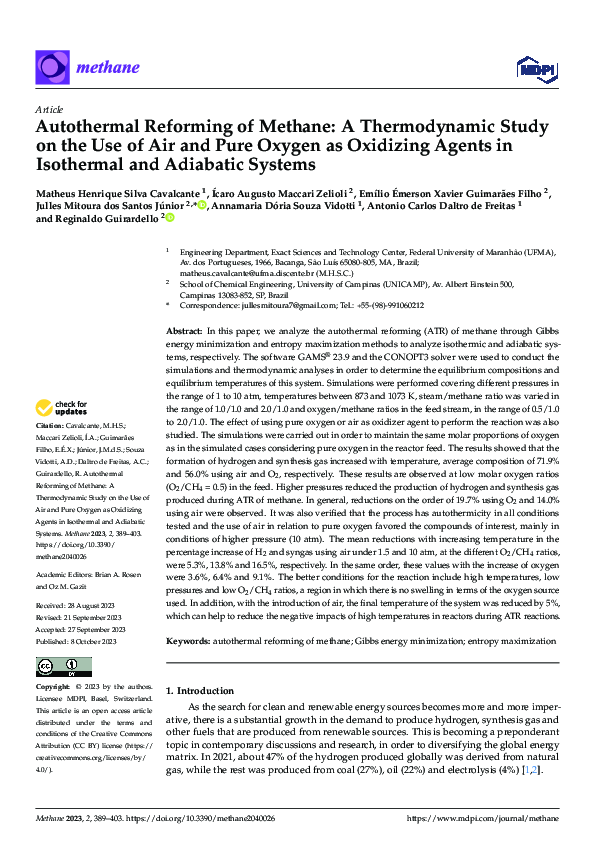(PDF) Autothermal Reforming of Methane: A Thermodynamic Study on the ...