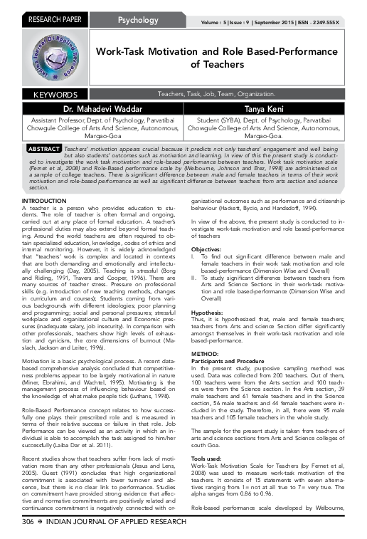 (PDF) Work–Task Motivation and Role Based–Performance of Teachers ...