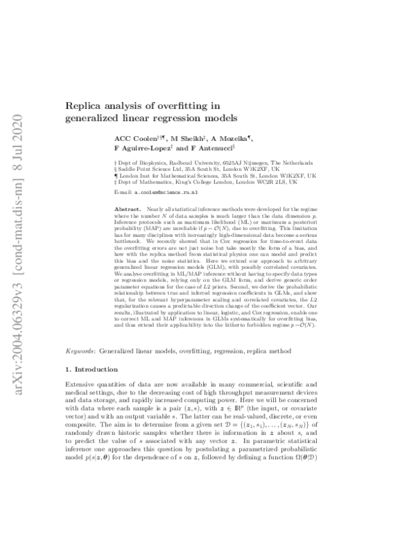 (PDF) Replica analysis of overfitting in generalized linear models