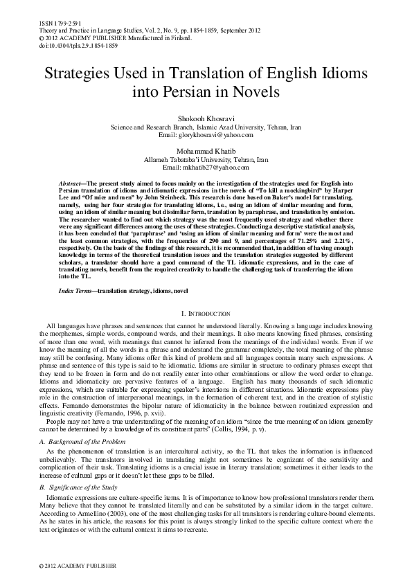 (PDF) Strategies Used in Translation of English Idioms into Persian in ...