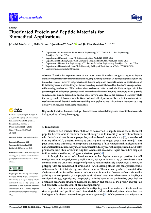 (PDF) Fluorinated Protein and Peptide Materials for Biomedical Applications