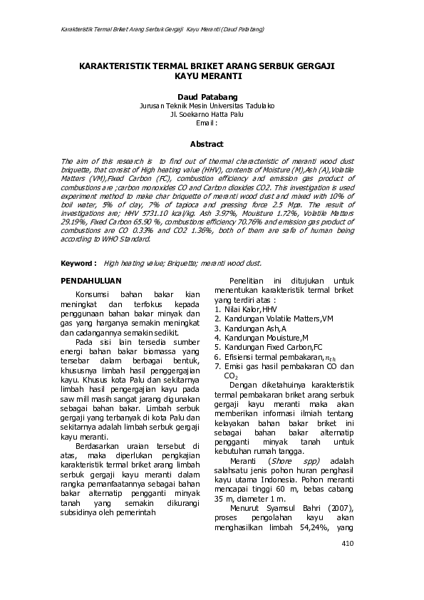 (PDF) Karakteristik Termal Briket Arang Serbuk Gergaji Kayu Meranti
