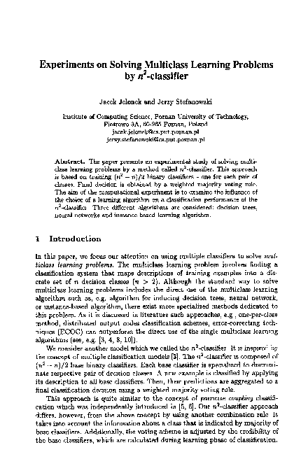 (PDF) Experiments on solving multiclass learning problems by n 2-classifier