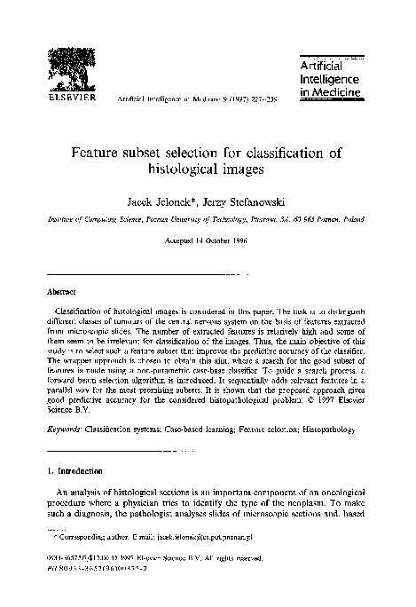Pdf Feature Subset Selection For Classification Of Histological Images