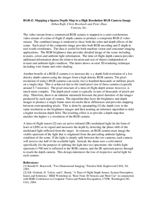 (PDF) RGB-Z: Mapping a Sparse Depth Map to a High Resolution RGB Camera ...