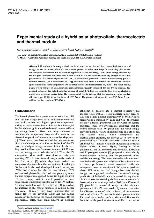 (PDF) Experimental study of a hybrid solar photovoltaic, thermoelectric and thermal module