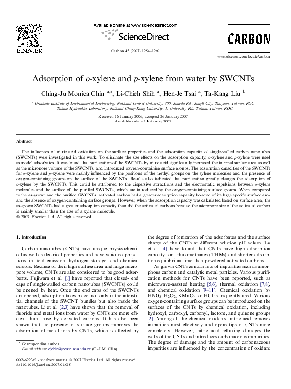 (PDF) Adsorption of o-xylene and p-xylene from water by SWCNTs
