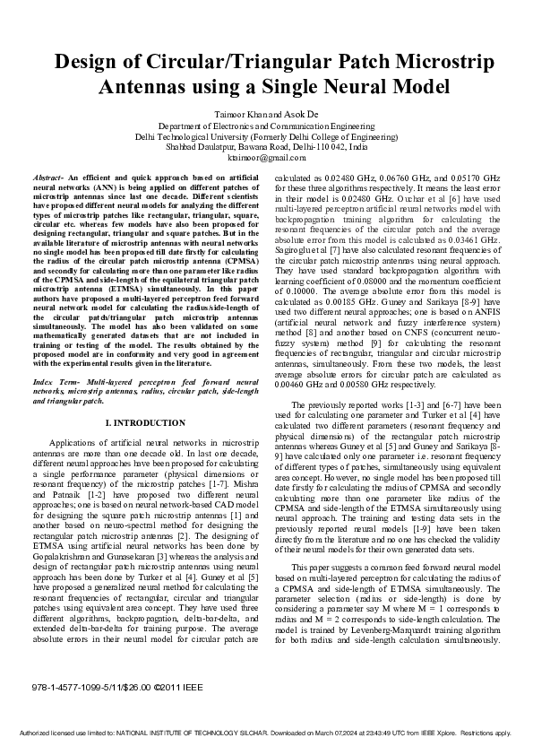 (PDF) Design of circular/triangular patch microstrip antennas using a single neural model