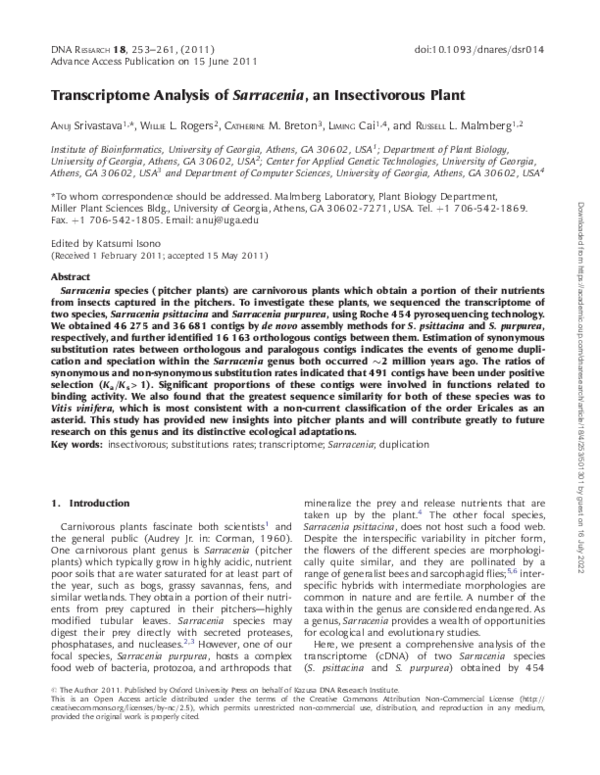 (PDF) Transcriptome Analysis of Sarracenia, an Insectivorous Plant
