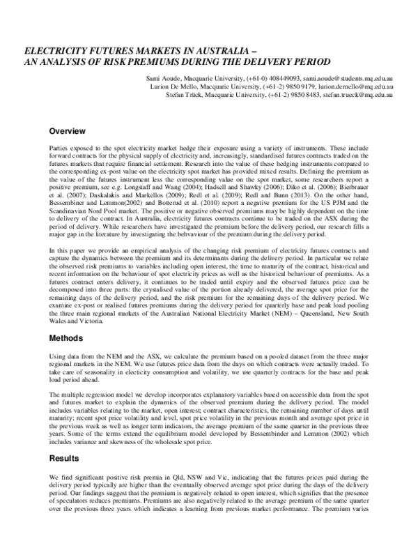 (PDF) Electricity Futures Markets in Australia - An Analysis of Risk ...