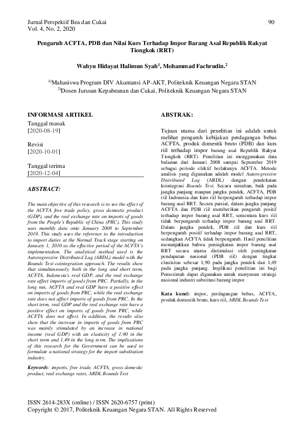 (PDF) Pengaruh ACFTA, PDB dan Kurs Terhadap Impor Barang Asal Republik Rakyat Tiongkok (RRT)