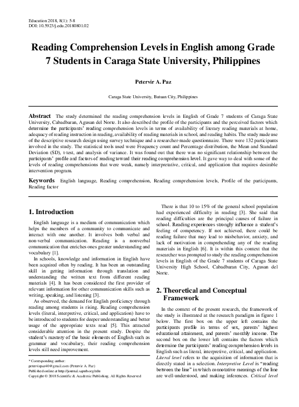 (PDF) Reading Comprehension Levels in English among Grade 7 Students in ...