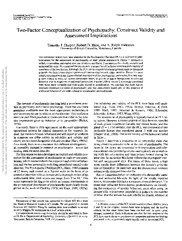 (PDF) Two-factor conceptualization of psychopathy: Construct validity ...