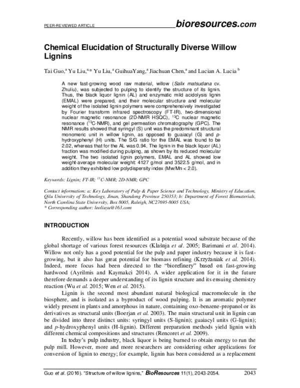 (PDF) Chemical Elucidation of Structurally Diverse Willow Lignins