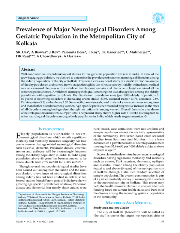 (PDF) Prevalence of major neurological disorders among geriatric ...