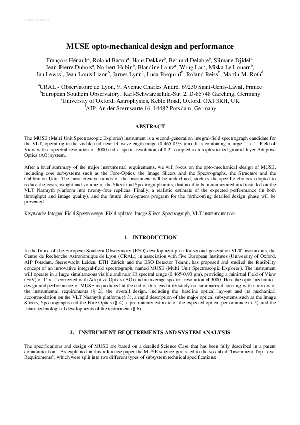 (PDF) MUSE optomechanical design and performance