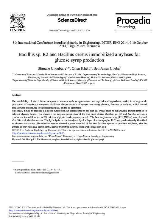 (PDF) Bacillus sp. R2 and Bacillus Cereus Immobilized Amylases for Glucose Syrup Production