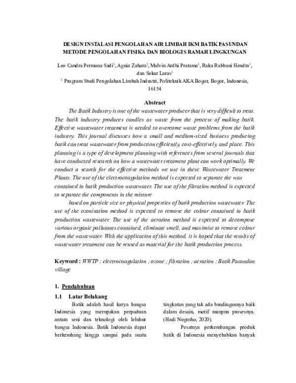 (PDF) DESIGN INSTALASI PENGOLAHAN AIR LIMBAH IKM BATIK PASUNDAN METODE PENGOLAHAN FISIKA DAN ...