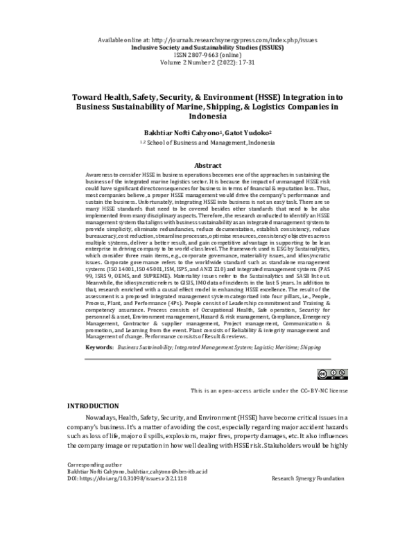 (PDF) Toward Health, Safety, Security, & Environment (HSSE) Integration ...