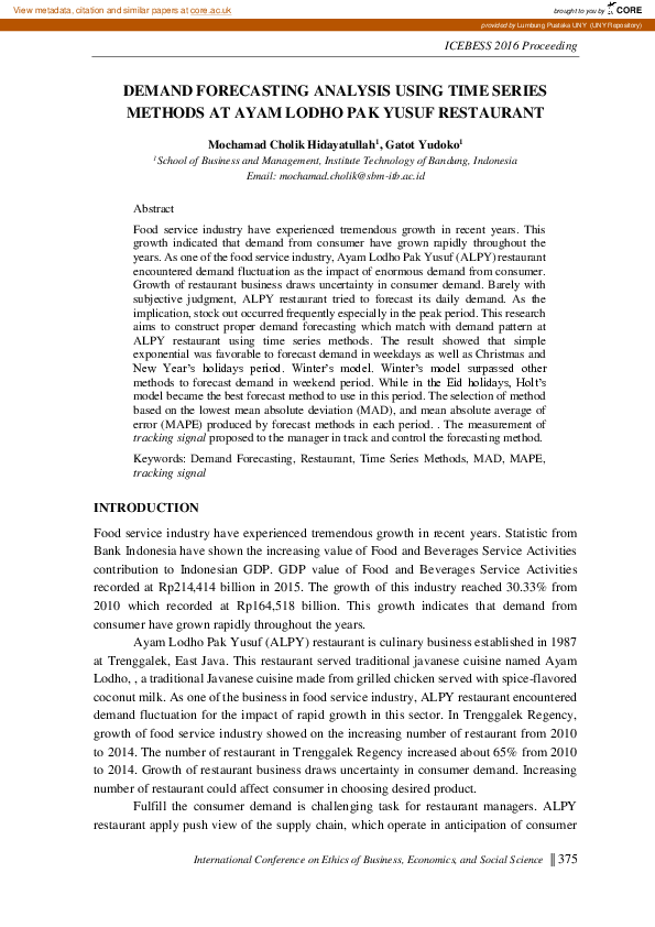 (PDF) Demand Forecasting Analysis Using Time Series Methods at Ayam Lodho Pak Yusuf Restaurant