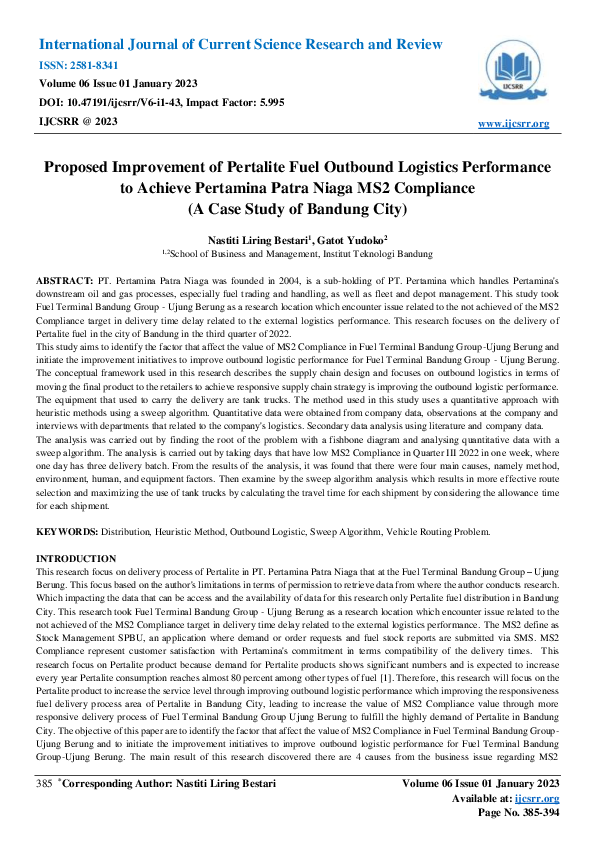(PDF) Proposed Improvement of Pertalite Fuel Outbound Logistics Performance to Achieve Pertamina ...
