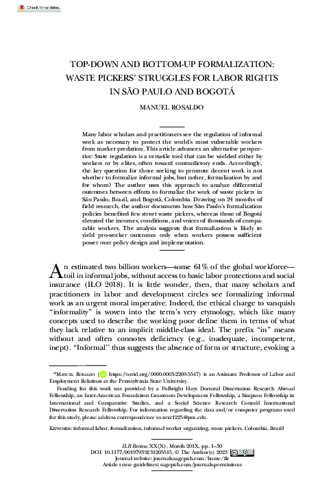 (PDF) Top-Down and Bottom-Up Formalization: Waste Pickers’ Struggles ...