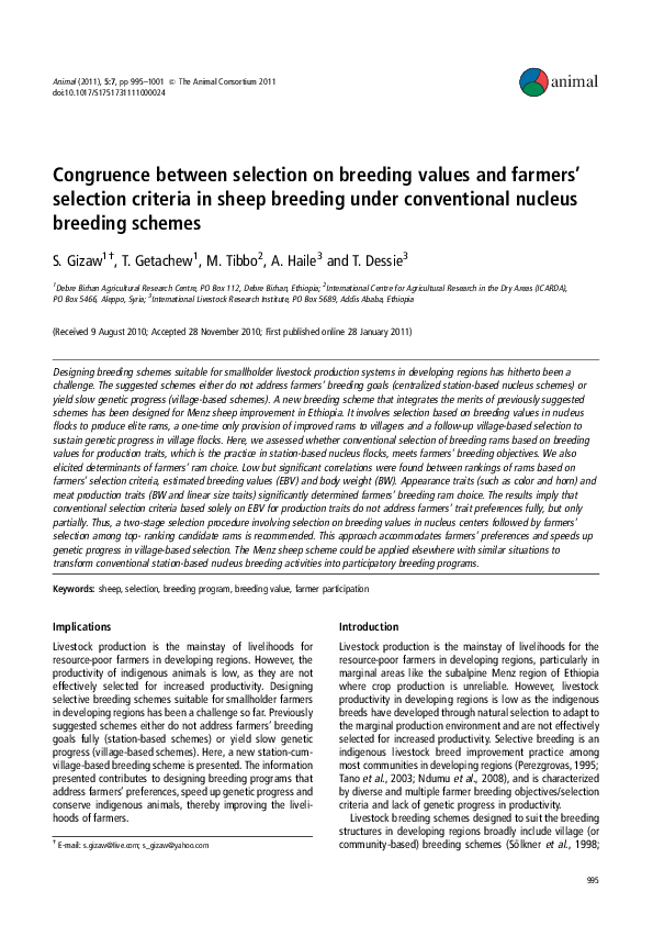 (PDF) Congruence between selection on breeding values and farmers’ selection criteria in sheep ...