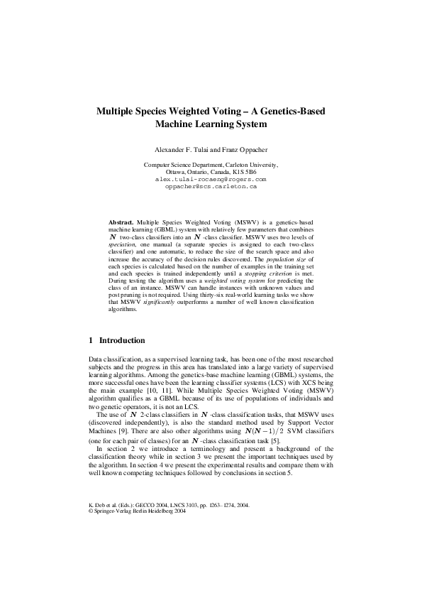 (PDF) Multiple Species Weighted Voting – A Genetics-Based Machine Learning System