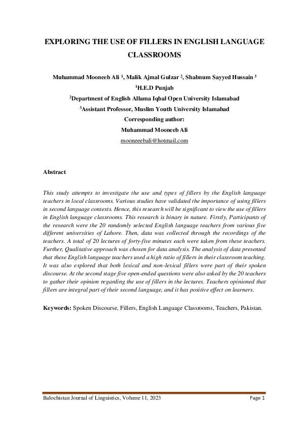 (PDF) EXPLORING THE USE OF FILLERS IN ENGLISH LANGUAGE CLASSROOMS