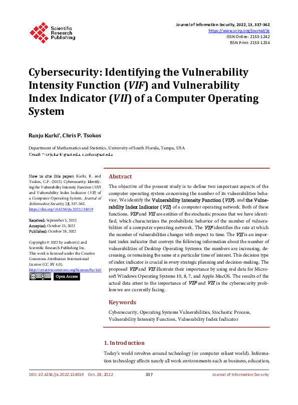 (PDF) Cybersecurity: Identifying the Vulnerability Intensity Function ( VIF ) and Vulnerability ...
