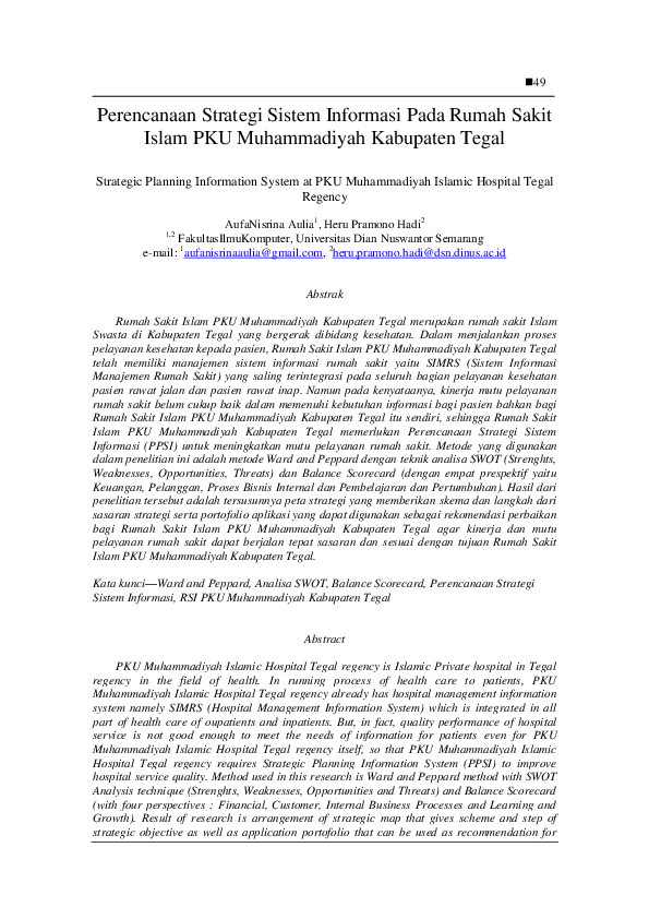 (PDF) Perencanaan Strategi Sistem Informasi Pada Rumah Sakit Islam PKU Muhammadiyah Kabupaten Tegal