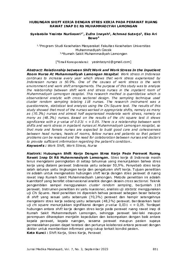 (PDF) Hubungan Shift Kerja Dengan Stres Kerja Pada Perawat Ruang Rawat Inap DI RS Muhammadiyah ...