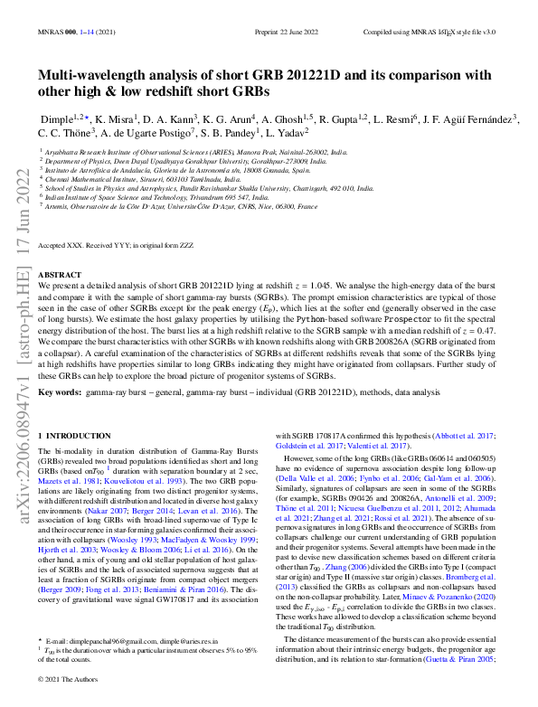 (PDF) Multiwavelength analysis of short GRB 201221D and its comparison ...