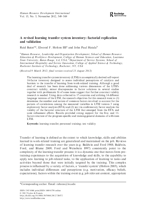 (PDF) A revised learning transfer system inventory: factorial replication and validation