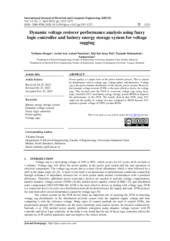 Pdf Dynamic Voltage Restorer Performance Analysis Using Fuzzy Logic Controller And Battery
