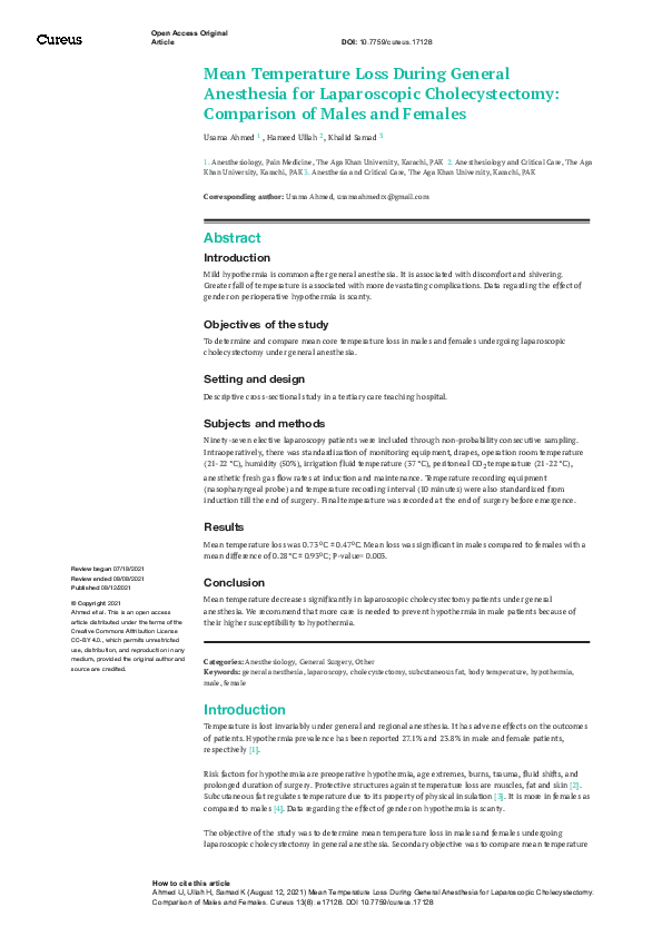 (PDF) Mean Temperature Loss During General Anesthesia for Laparoscopic ...