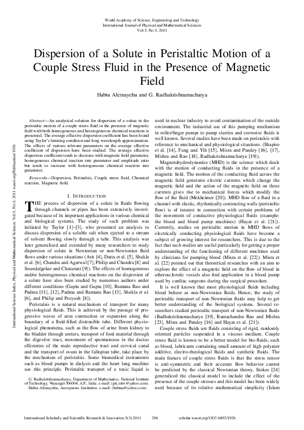 (PDF) Dispersion of a Solute in Peristaltic Motion of a Couple Stress ...