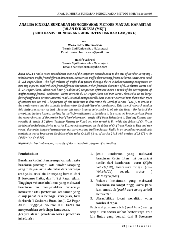 (PDF) Analisa Kinerja Bundaran Menggunakan Metode Manual Kapasitas Jalan Indonesia (Mkji) (Sudi ...