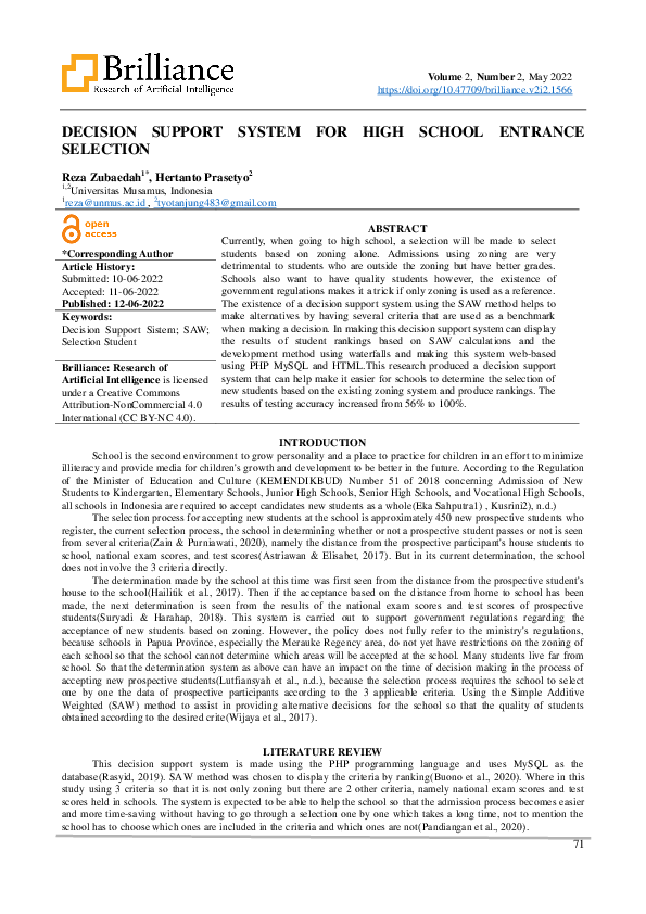 (PDF) Decision Support System for High School Entrance Selection