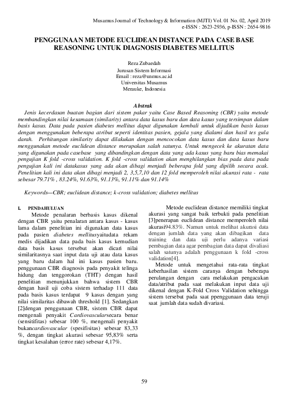 (PDF) Penggunaan Metode Euclidean Distance Pada Case Base Reasoning ...