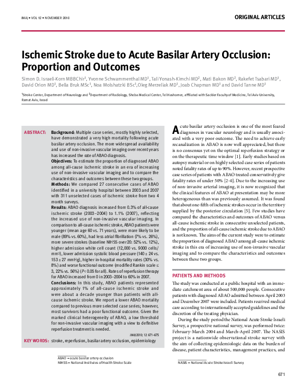 (PDF) Ischemic stroke due to acute basilar artery occlusion: proportion and outcomes