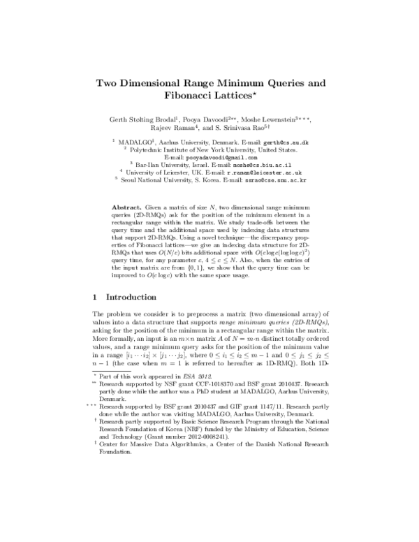 Pdf Two Dimensional Range Minimum Queries And Fibonacci Lattices