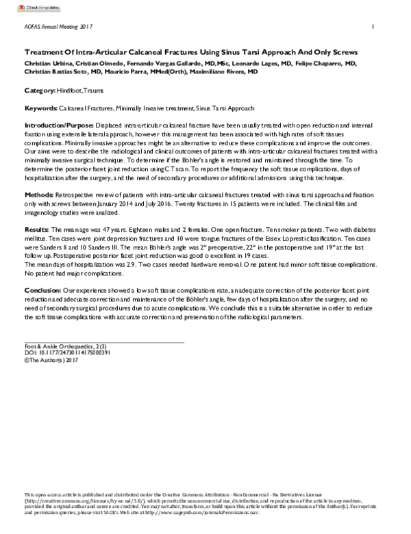 (PDF) Treatment Of Intra-Articular Calcaneal Fractures Using Sinus ...